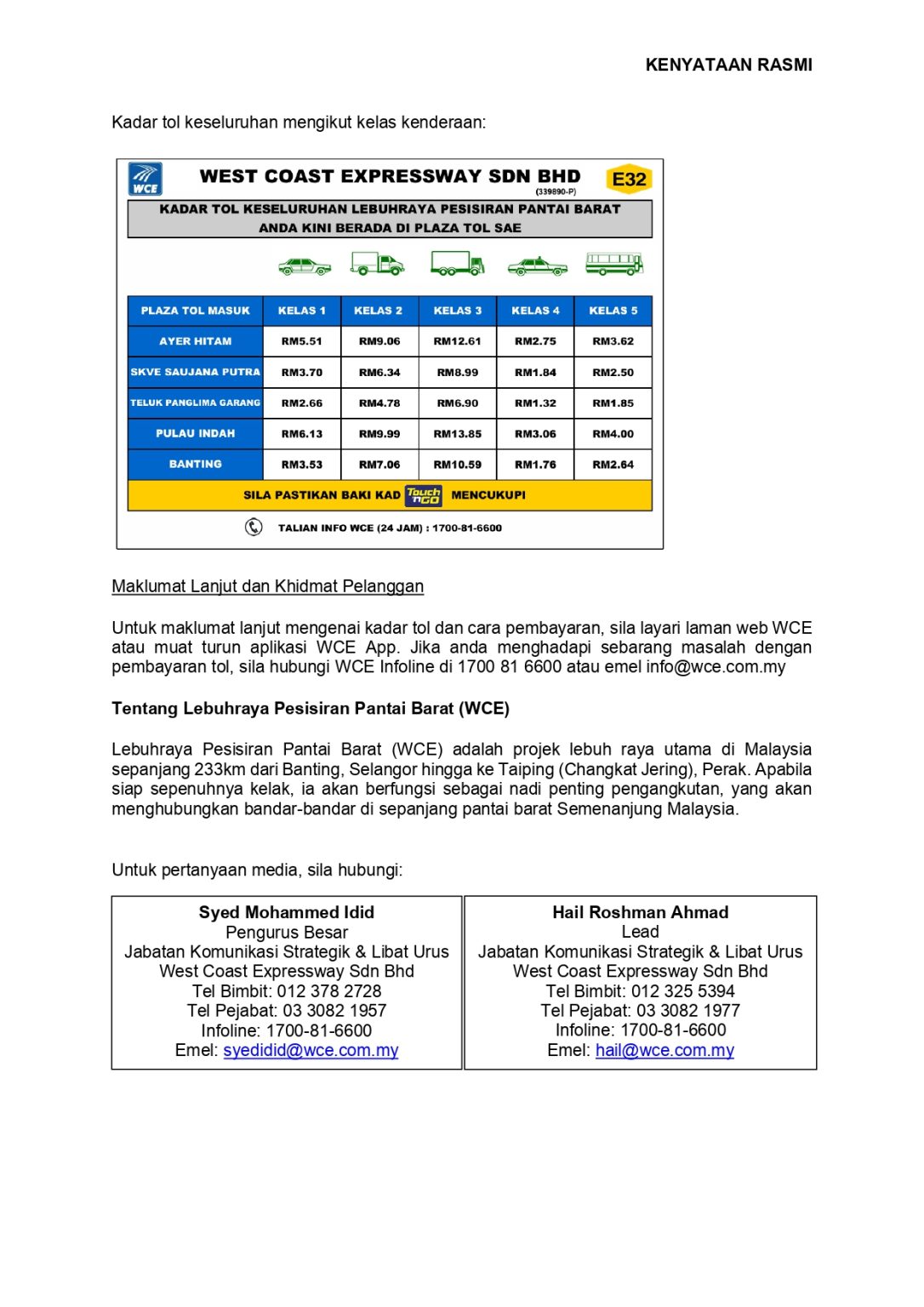 PELAKSANAAN KUTIPAN TOL LEBUHRAYA WCE, SEKSYEN 2 (SAE – SKVE) BERMULA 13 JUN 2025 – West Coast ...